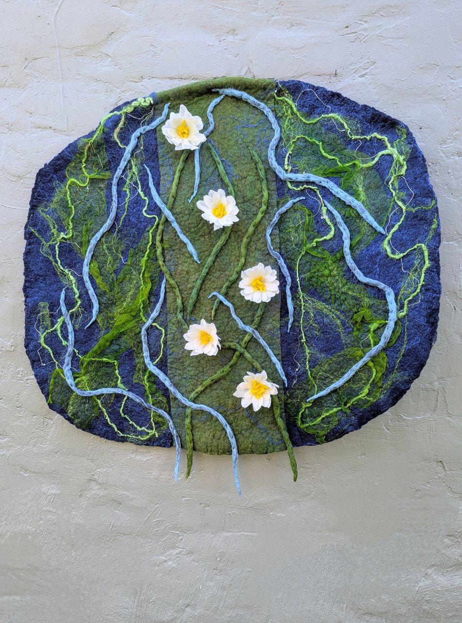 Water Lily Wall Art – Felted Wool Tapestry, Nature-inspired Fiber Art ...
