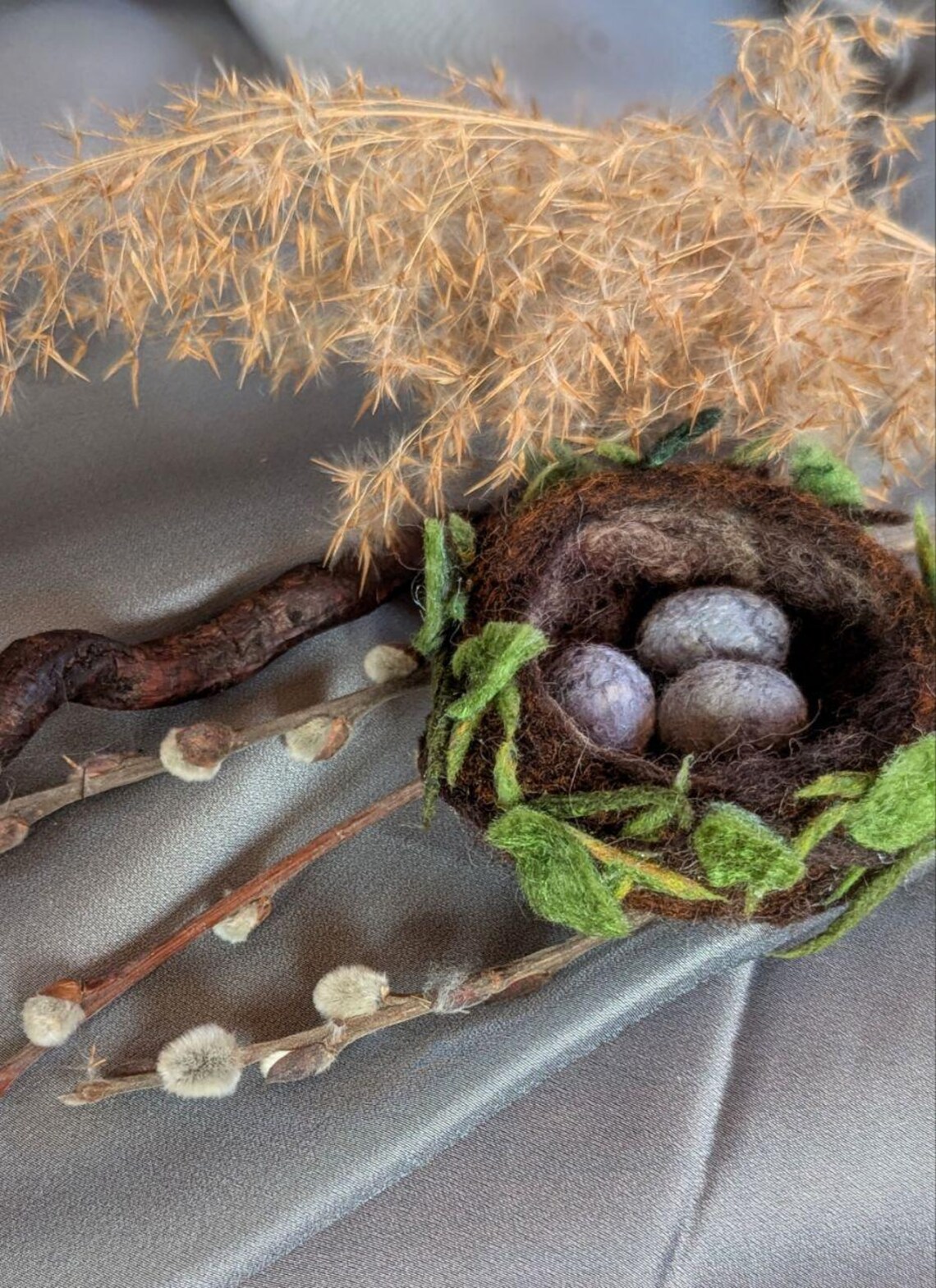 Soft Felt Bird Nest With Green Leaves and Wool Eggs, Handmade Woodland ...