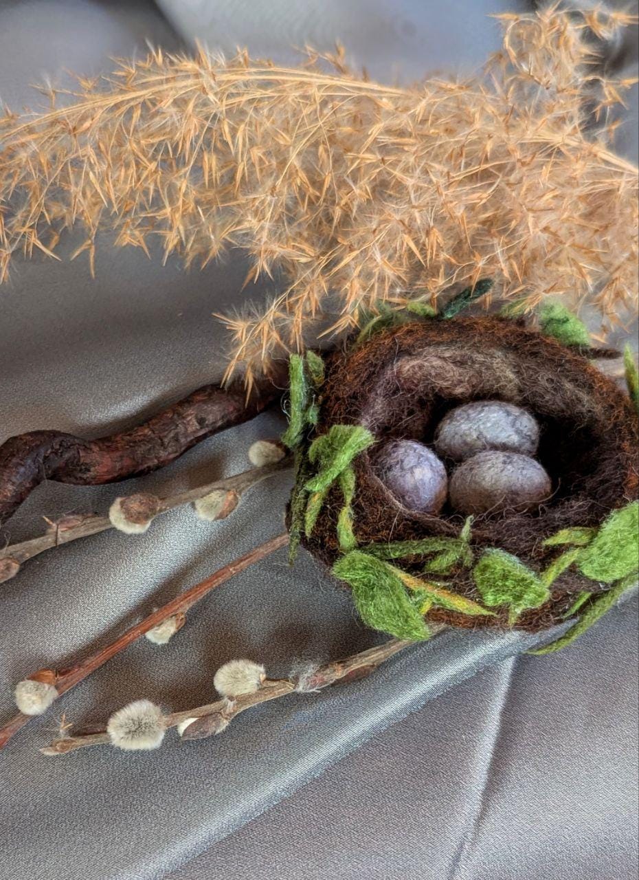 Soft Felt Bird Nest With Green Leaves and Wool Eggs, Handmade Woodland ...