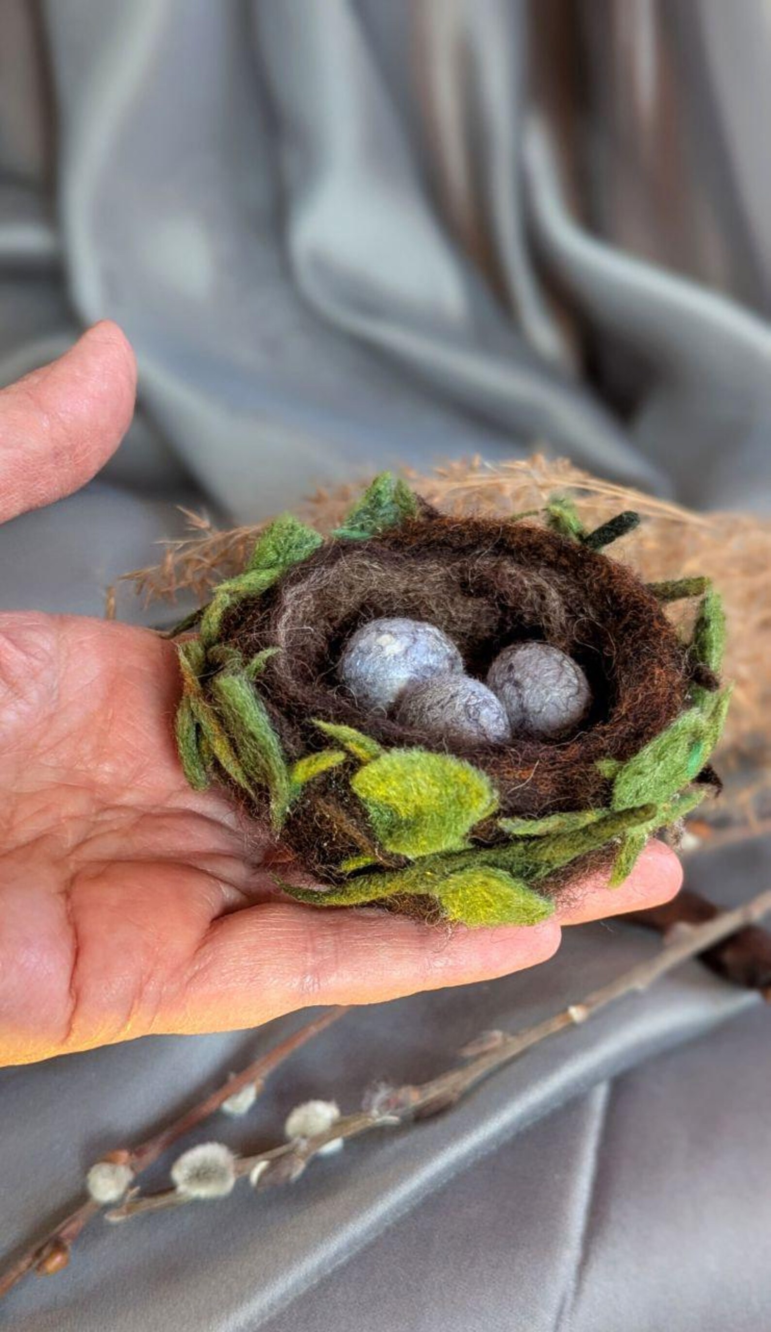 Soft Felt Bird Nest With Green Leaves and Wool Eggs, Handmade Woodland ...