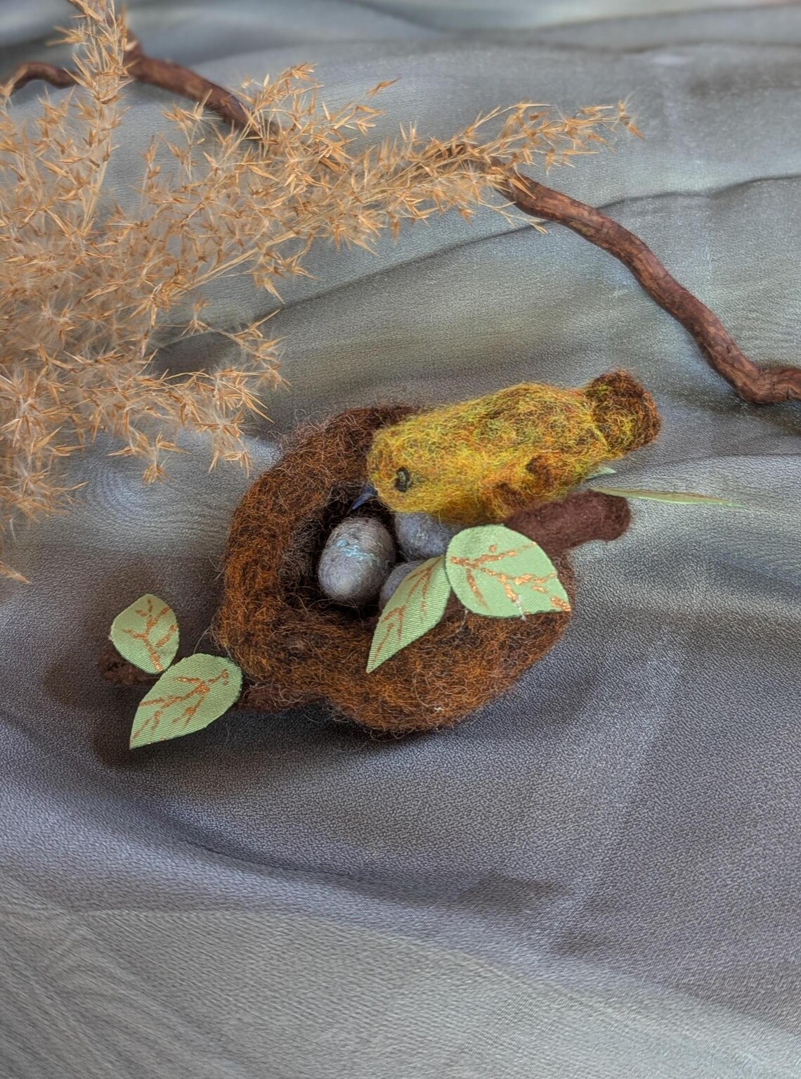 Handmade Felted Bird Nest With Perched Wool Bird and Three Eggs, Nature ...