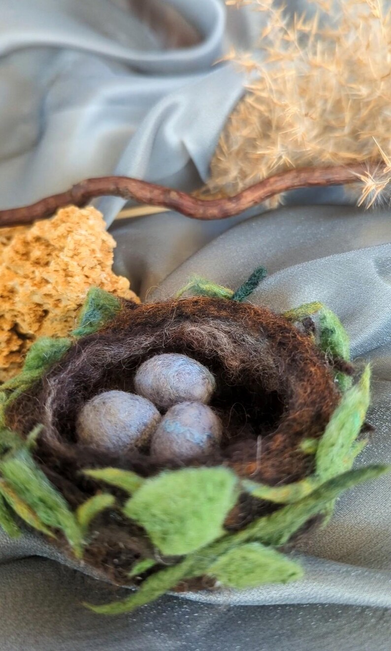 Felted Woodland Nest With Blue Eggs and Green Leaves, Handmade Spring ...