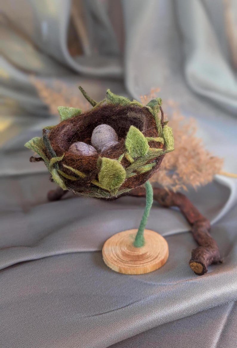 Felted Woodland Nest With Blue Eggs and Green Leaves, Handmade Spring ...