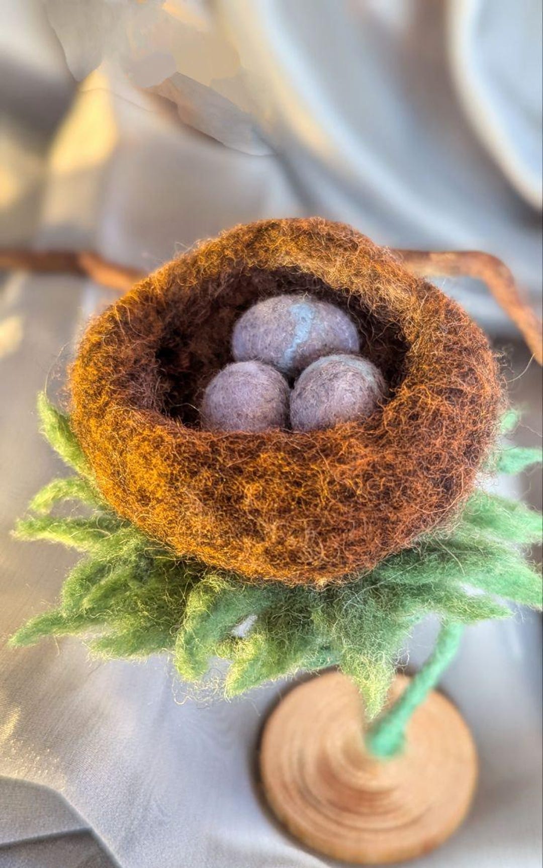 Felt Bird Nest With Green Leaves and Blue Wool Eggs, Handmade Woodland ...