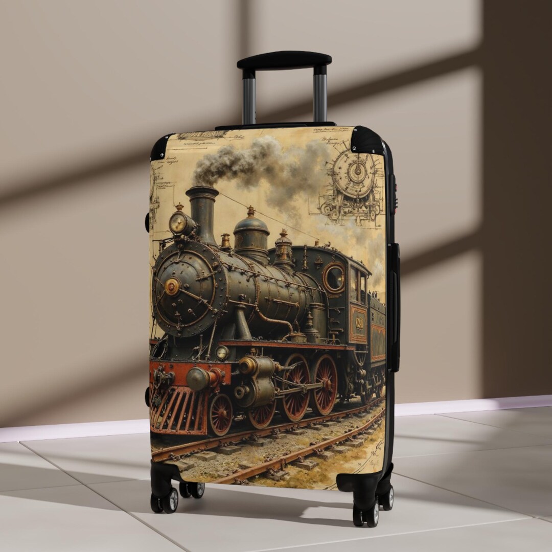 Vintage Train Suitcase With Steam Engine Design, Stylish Travel Luggage ...