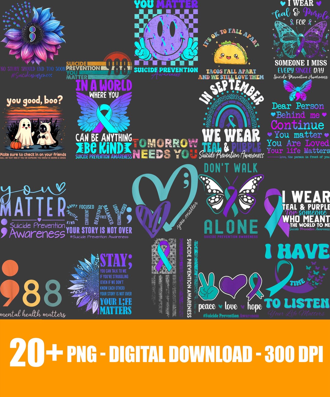 Suicide Prevention PNG Bundle Awareness Heart Support Mental Health ...