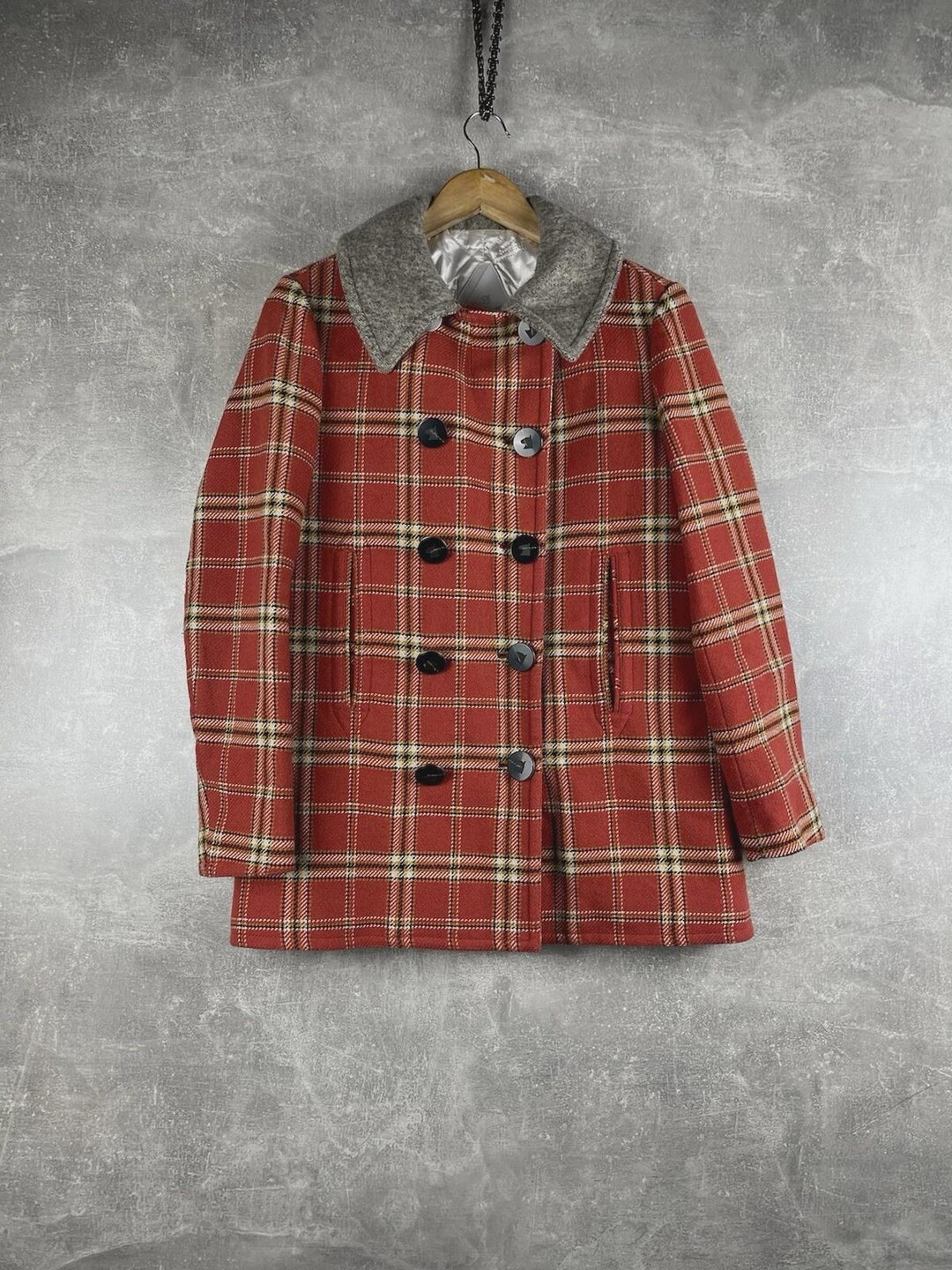 Montecore Italian Plaid Wool Coat Red Checkered Double Breasted ...