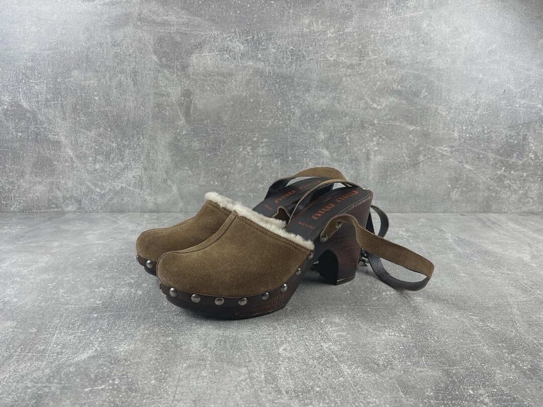 Miu Miu Archive Brown Suede Shearling Wooden Platform Clogs Sandals ...