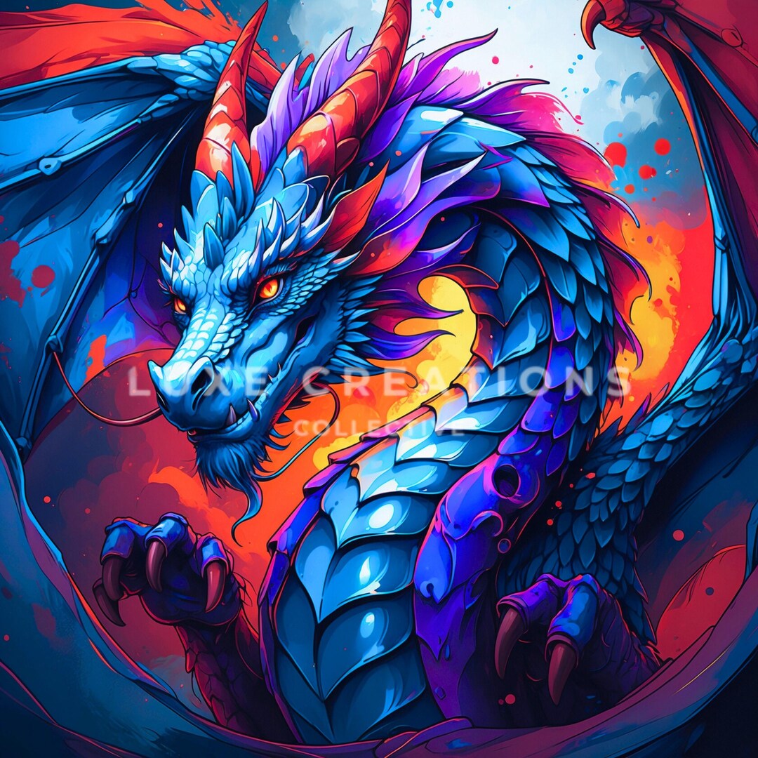 Red & Blue Dragon Digital Art | Fantasy Creature Illustration for Print ...