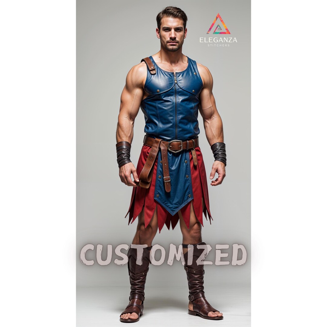 Men Handmade Genuine Royal Blue and Red Leather Viking Armor and Kilt ...
