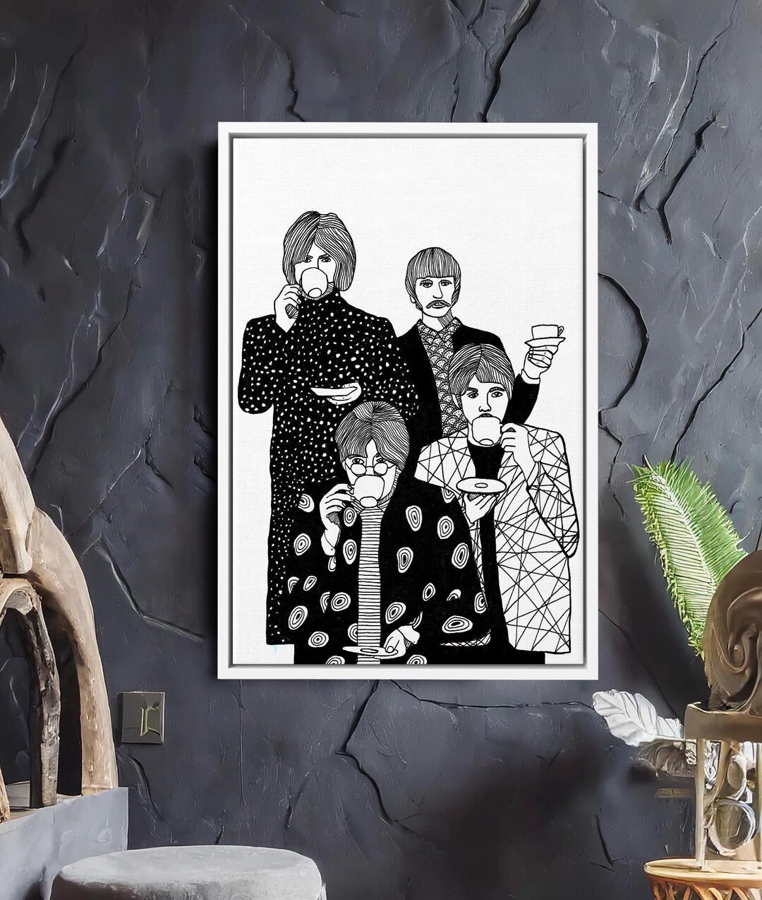 Beatles Line Drawing Canvas Art , the Beatles Drinking Tea Print, Black ...