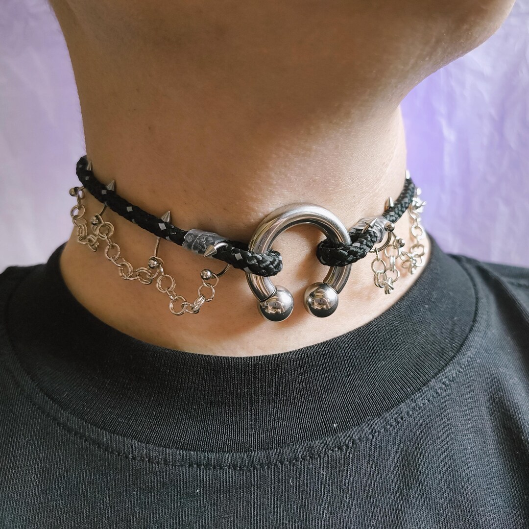 Simple Rope Choker With Piercings and Chains - Etsy