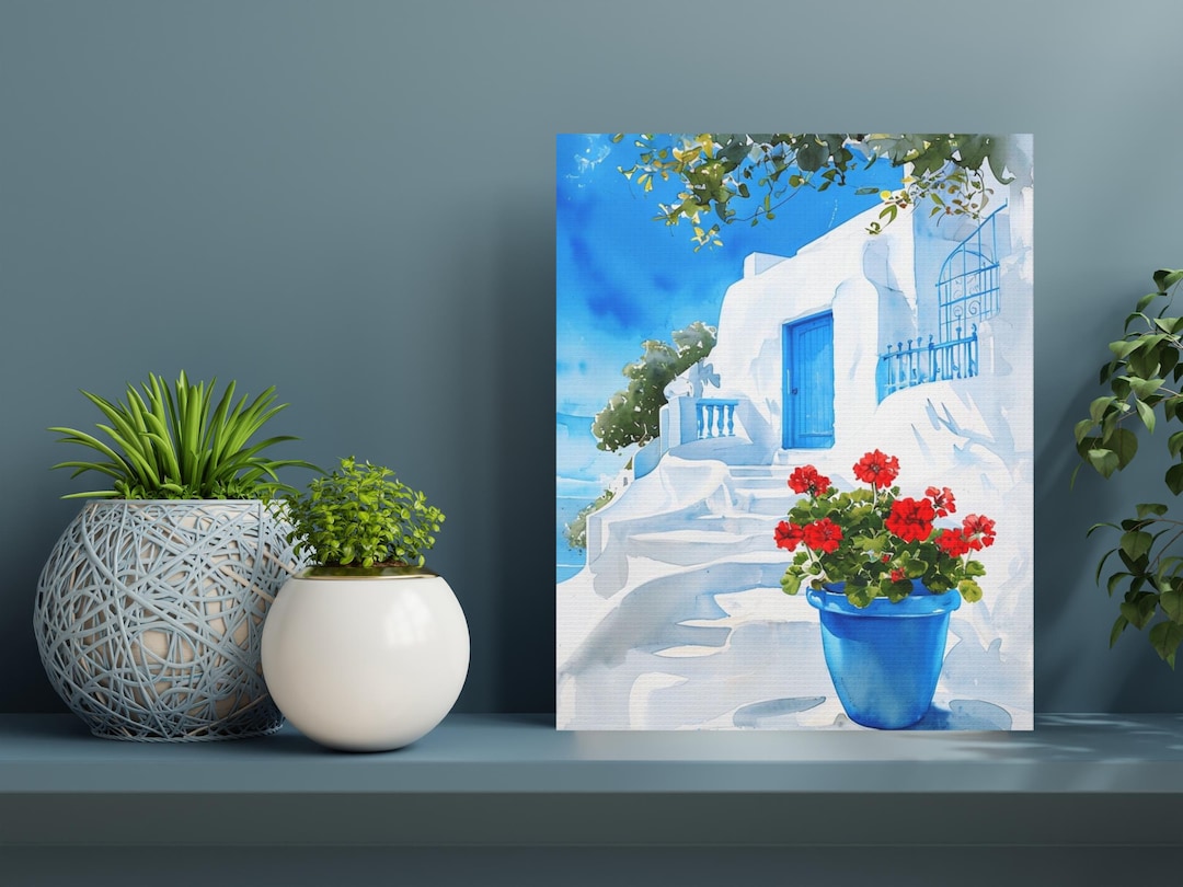 Greek Canvas Wall Art, Greece Blue Watercolor, Ready to Hang, Interior ...