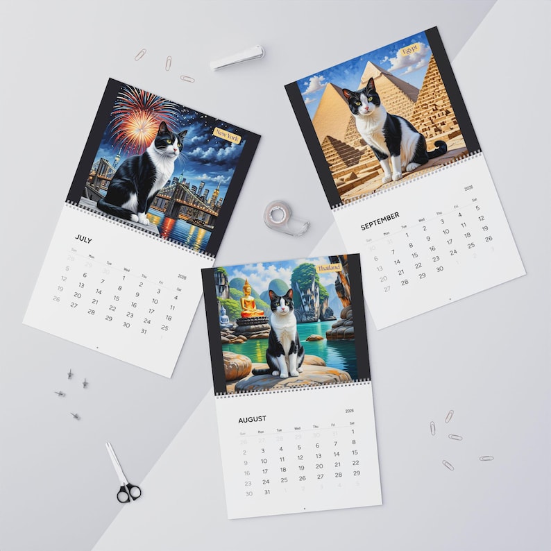 2026 Cat Wall Calendar; Travel Landmark Destinations; Funny Monthly ...