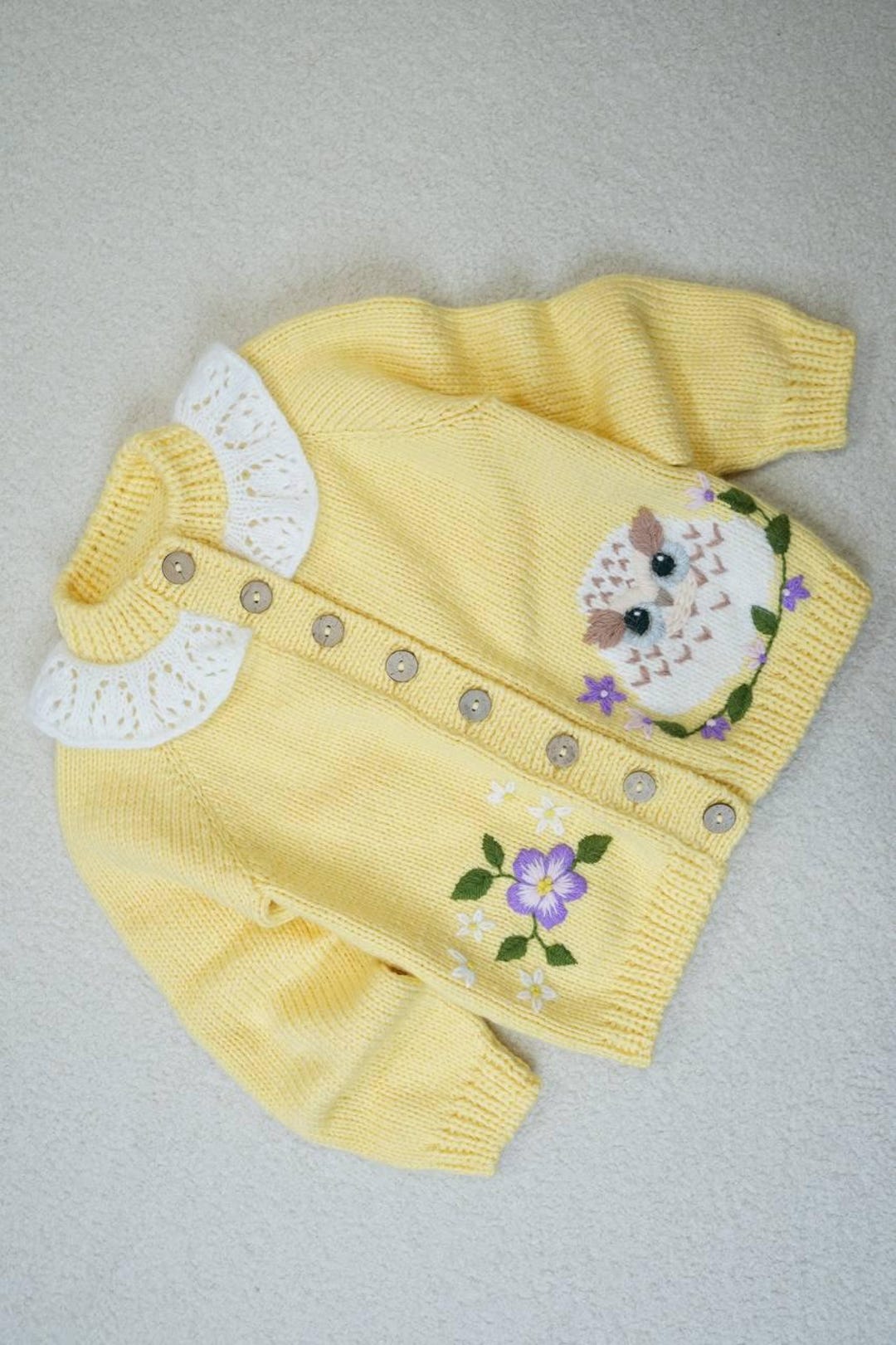 Hand-knitted Embroidered Baby Cardigan – Cream With Floral Owl Design ...
