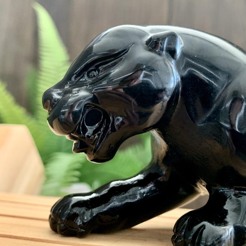 Cool! 150mm Large Obsidian Cougar Carving, Hand Carved Natural Quartz ...