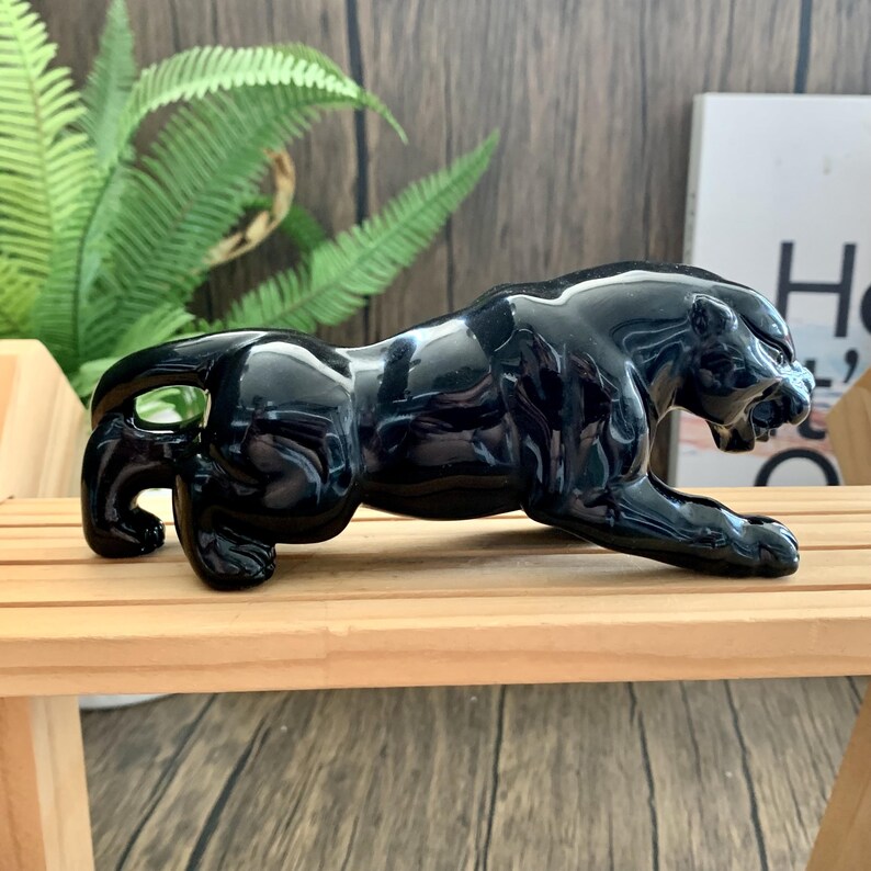 Cool! 150mm Large Obsidian Cougar Carving, Hand Carved Natural Quartz ...