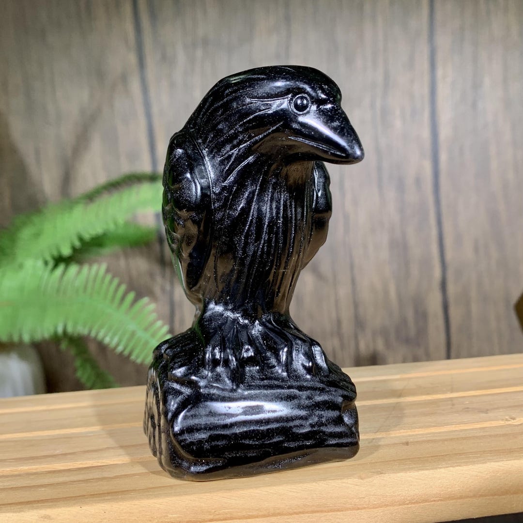 3.2" Large Natural Obsidian Raven Crow Carving, Gemstone Bird Figurine ...