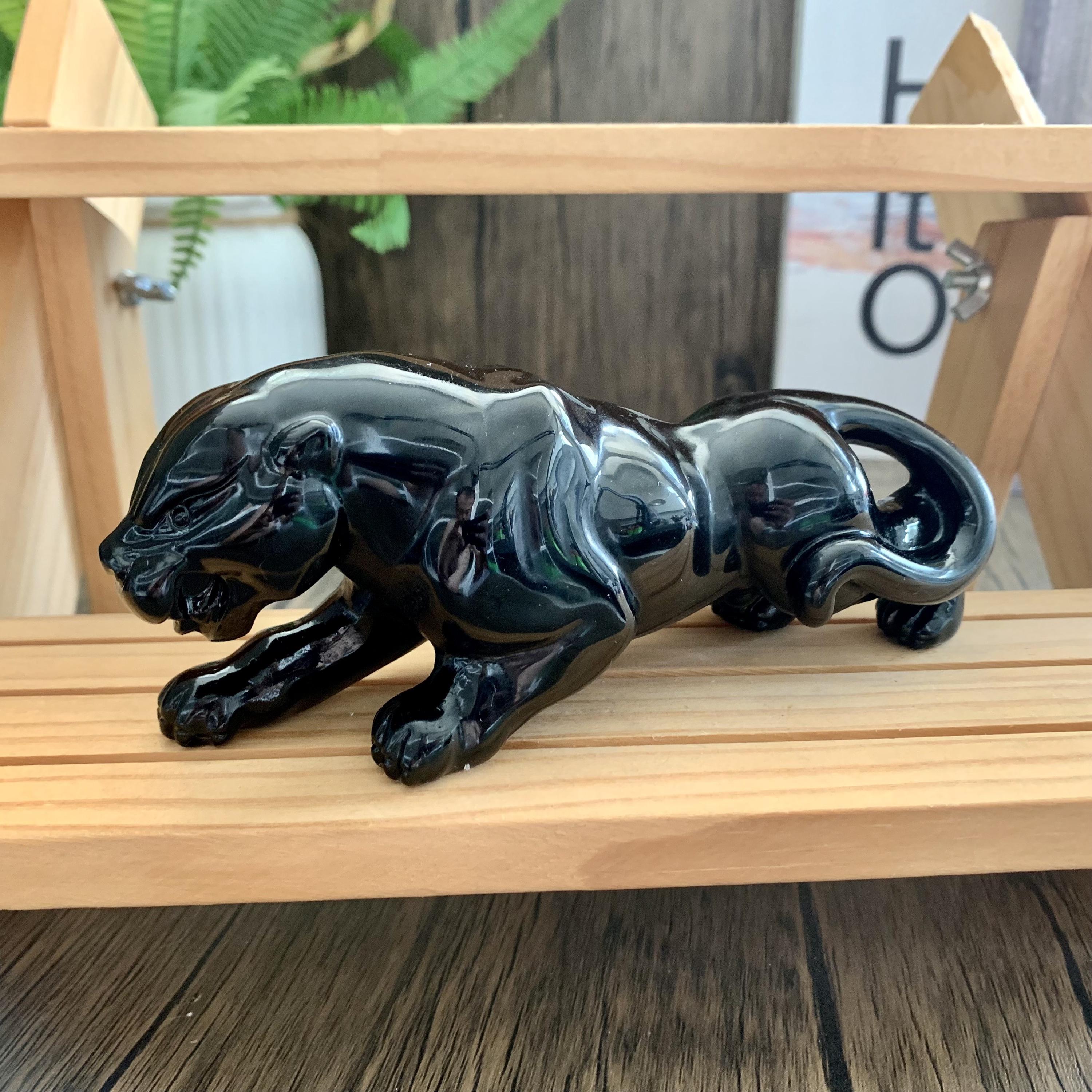 Cool! 150mm Large Obsidian Cougar Carving, Hand Carved Natural Quartz ...