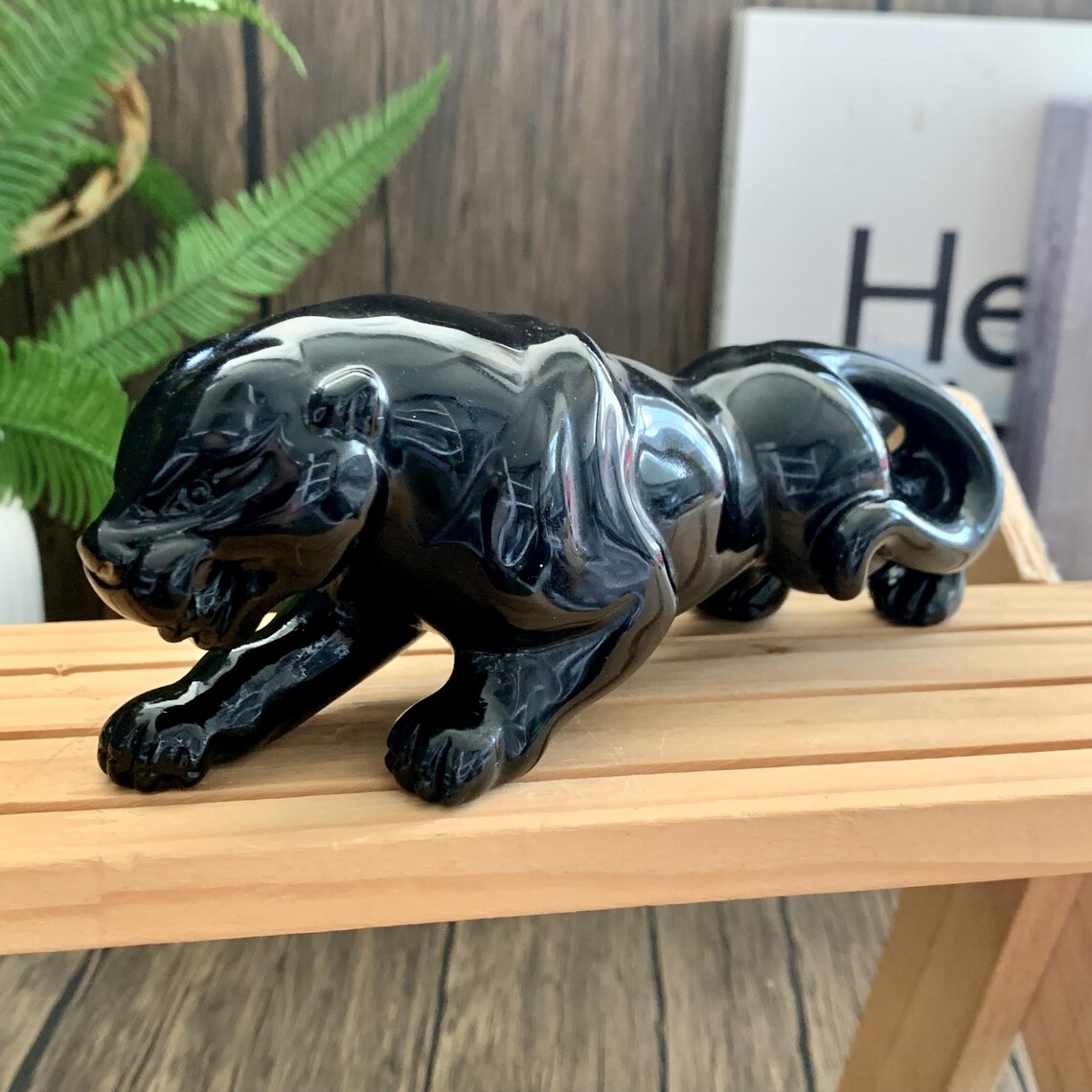 Cool! 150mm Large Obsidian Cougar Carving, Hand Carved Natural Quartz ...