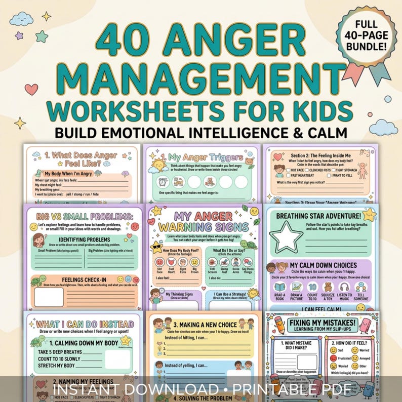 Anger Management Worksheets for Kids, 40 Coping Skills Activities, Calm ...