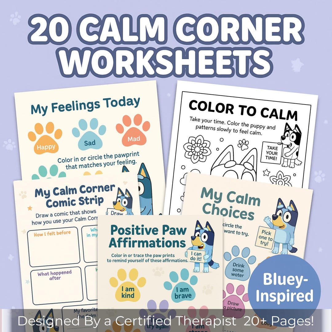 Bluey Calm Corner Worksheets | Kids Mindfulness Activity Pack | SEL ...