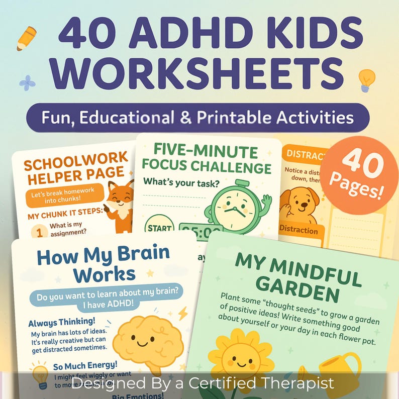 Kids ADHD Worksheets Bundle 40 Pages | ADHD Activities Printable ...