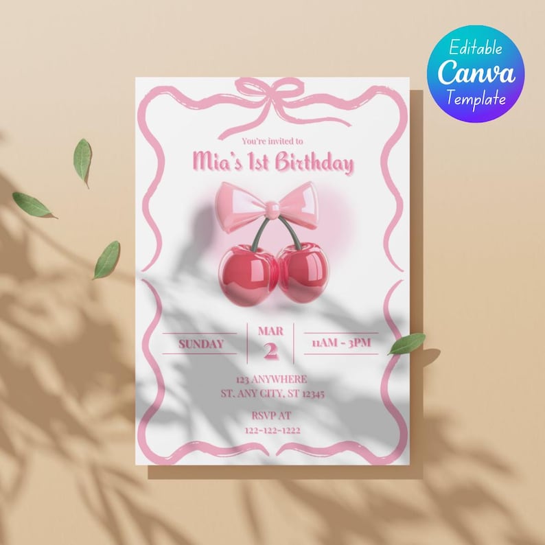 Cherry Birthday Invitation | Pink Bow Party Invite | Digital Download ...