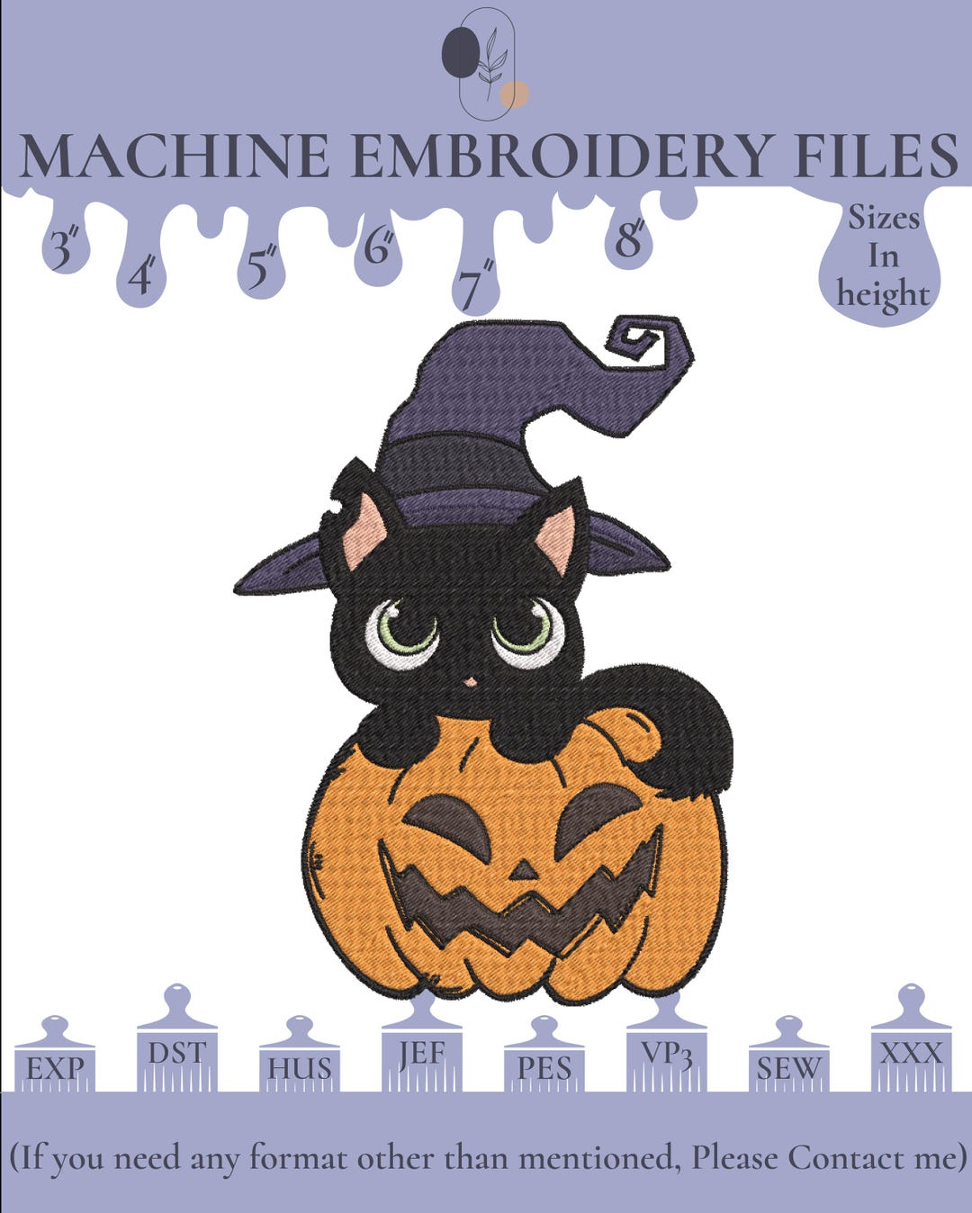 Halloween Cat Face Embroidery Design: Spooky Pumpkin Machine Embroidery ...