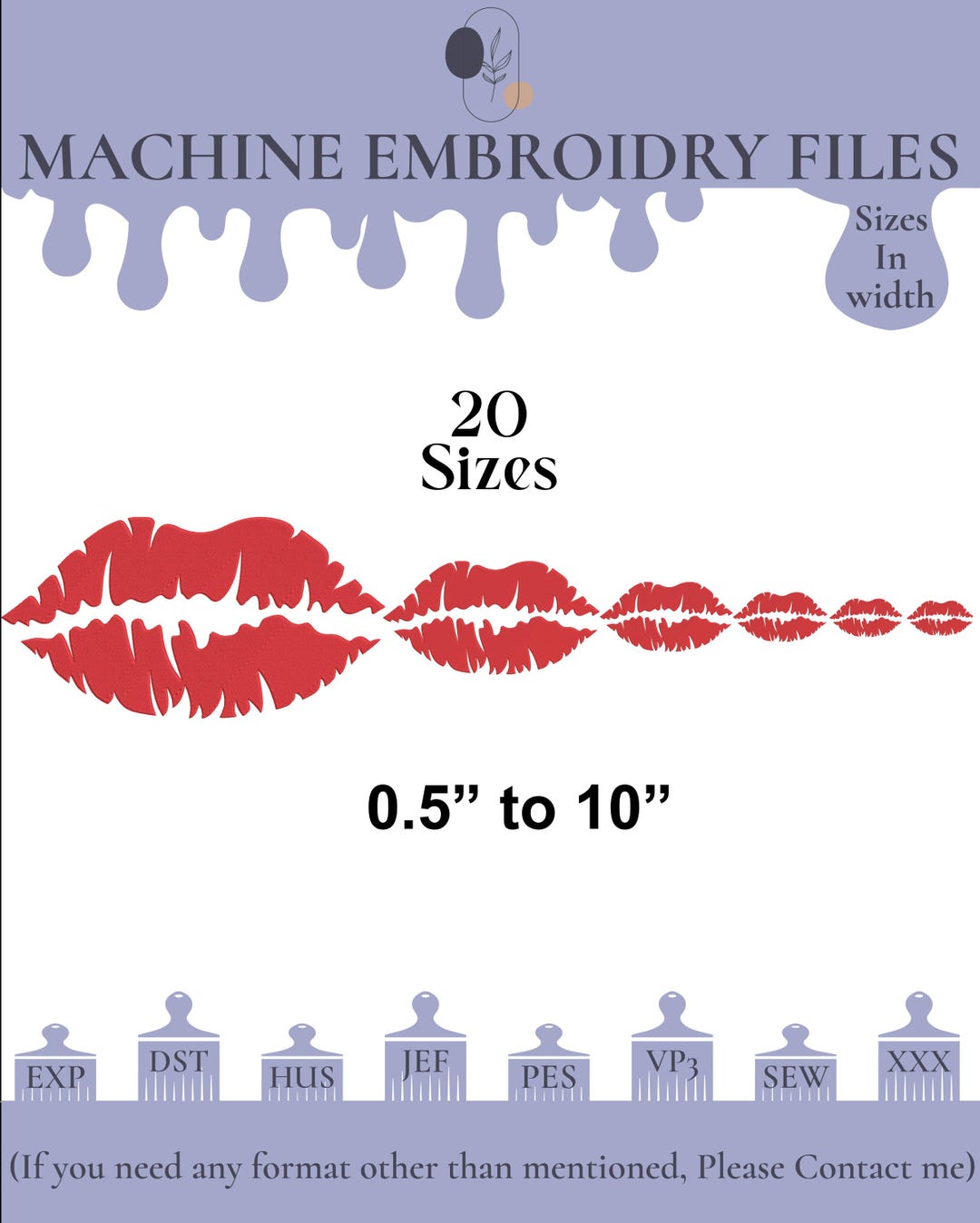 Mini to Large Lips Embroidery Design, 20 Sizes, Lipstick Machine ...
