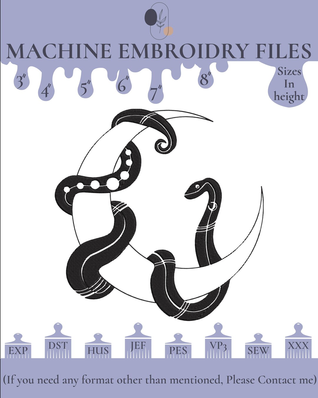 Moon Serpent Embroidery Design – Mystical Snake & Crescent Moon Machine ...