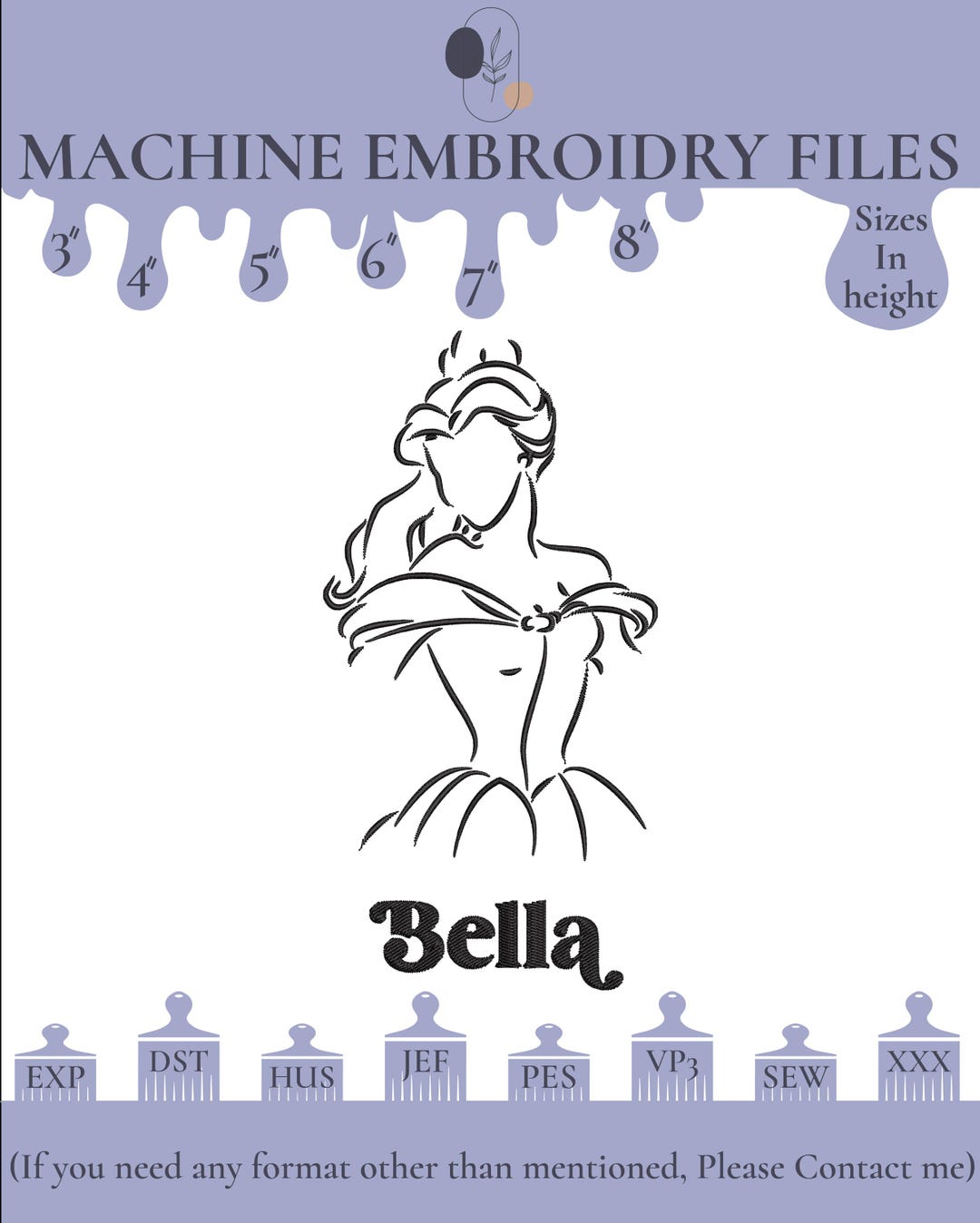 Bella Princess Outline Machine Embroidery Design, 6 Sizes, Instant ...