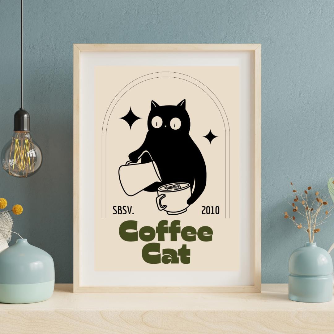 Coffee Cat Poster | Minimal Feline Wall Decor | Modern Illustration ...