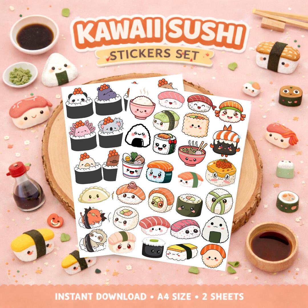 Kawaii Sushi Sticker Set | A4 Printable Planner Clipart (digital ...