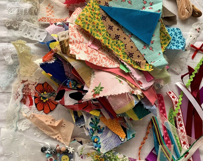 Slow Stitch Snippet Fabric Scrap Bag With Added Lace Ribbons Beads