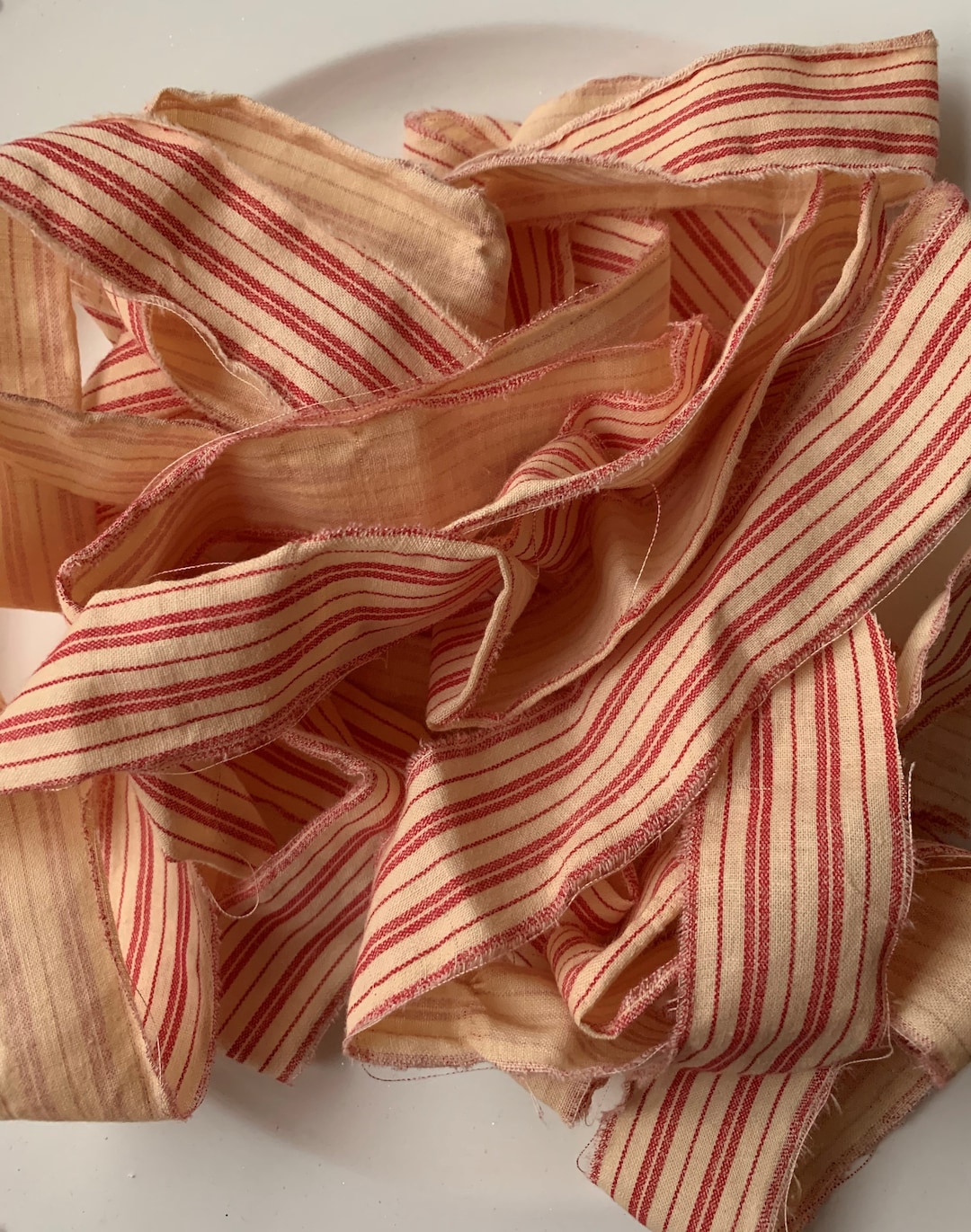 2 Yards and 22 Inches Red and Cream Torn Fabric Ribbon Strips- Shirting ...