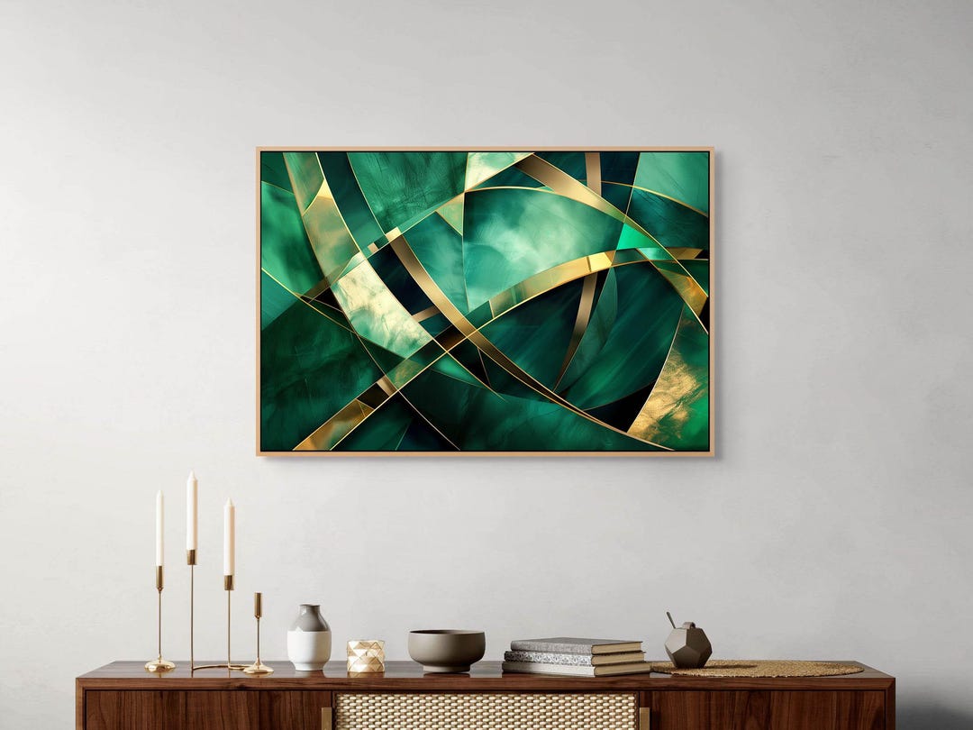 Emerald Abstract Canvas Print, Green Gold Geometric Wall Art for Home ...