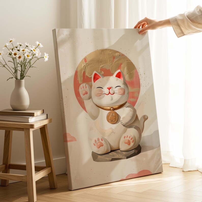 Lucky Cat Canvas Print, Beige Living Room Wall Art - Etsy