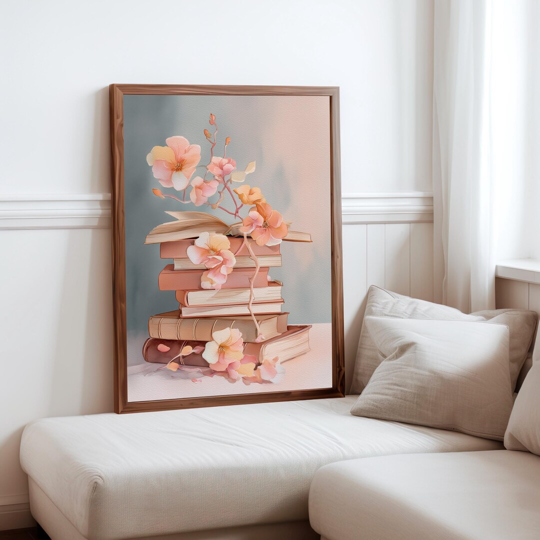 Floral Book Stack Canvas Wall Art : Soft Romantic Print for Feminine ...