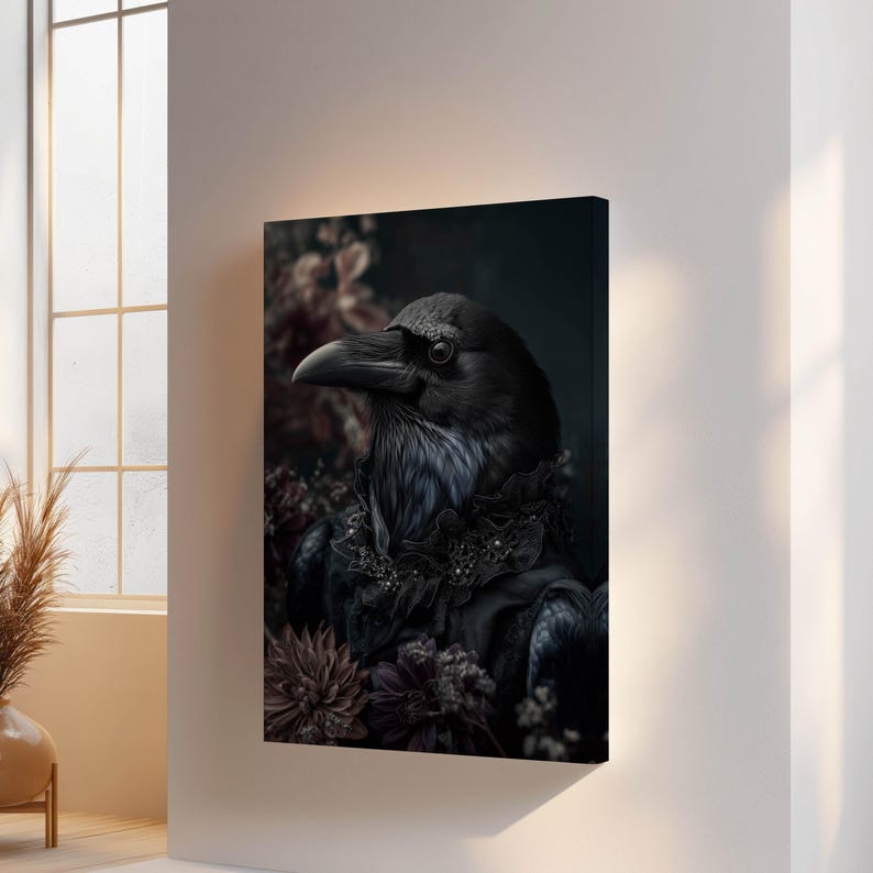 Black Crow Ruffled Lace Canvas Print - Gothic Bird Wall Art - Moody ...