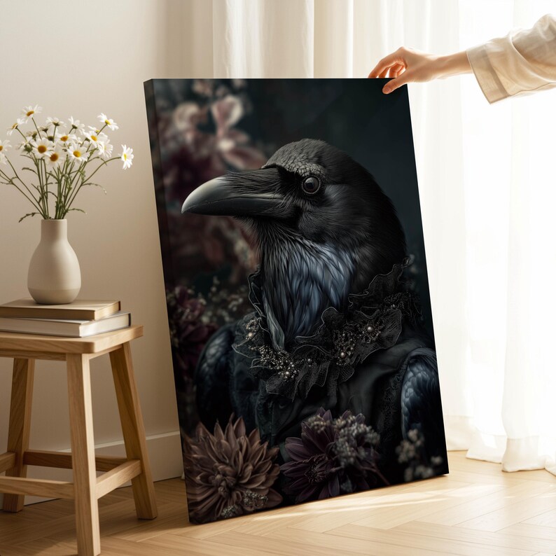Black Crow Ruffled Lace Canvas Print - Gothic Bird Wall Art - Moody ...
