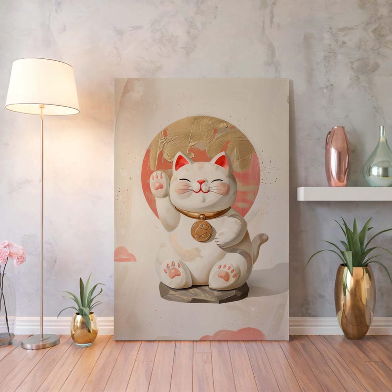 Lucky Cat Canvas Print, Beige Living Room Wall Art - Etsy