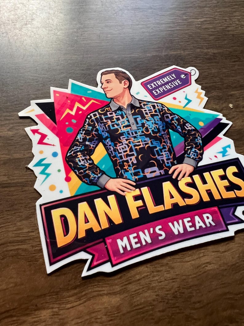 Dan Flashes Logo Sticker – Parody Fashion Brand Decal – Funny Sketch ...