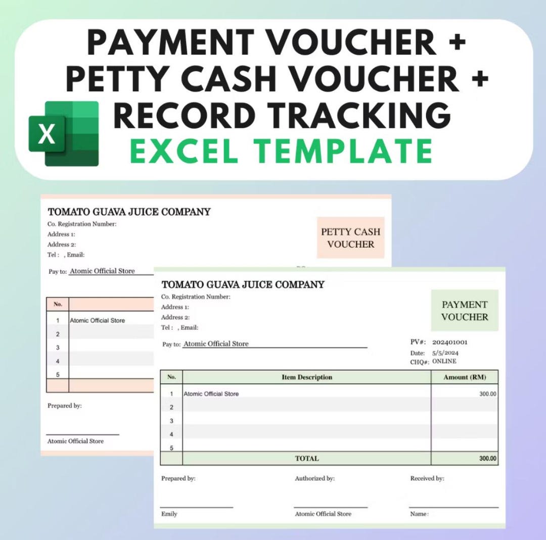 INSTANT Payment Voucher + Petty Cash Voucher + Payment Record Tracker ...