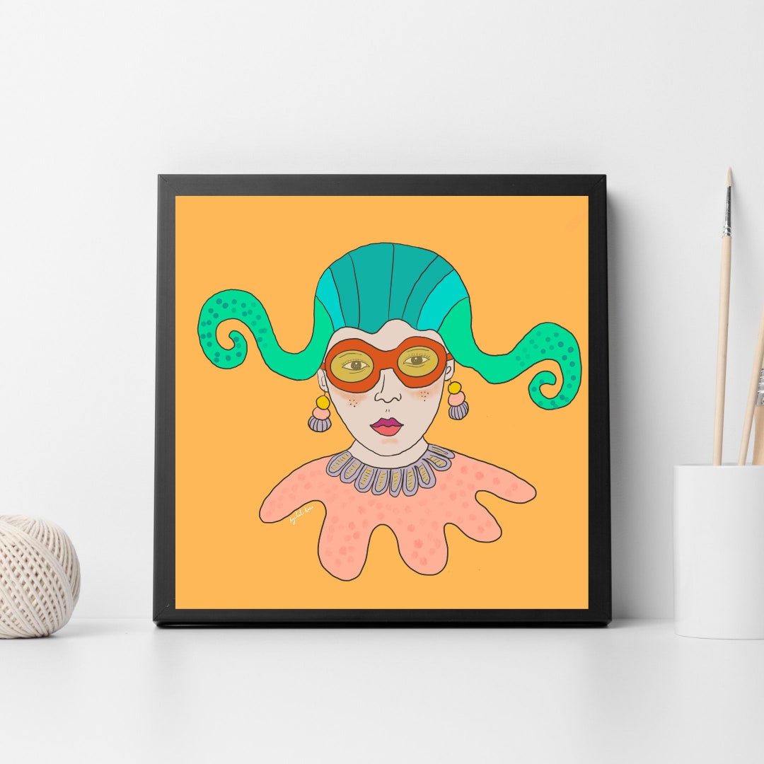 Printable Woman Illustration- Square Digital Print, Happy Colorful ...