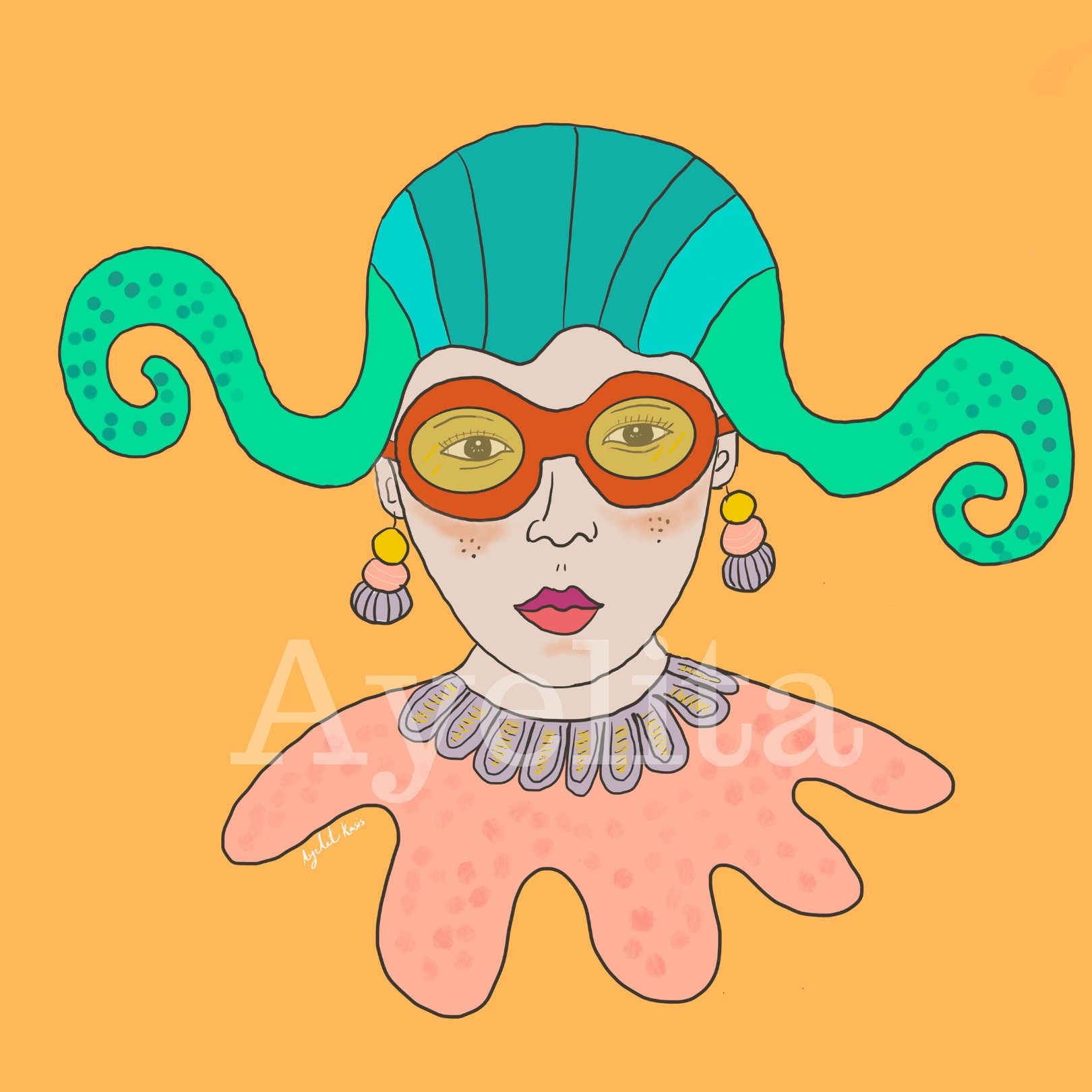 Printable Woman Illustration- Square Digital Print, Happy Colorful ...