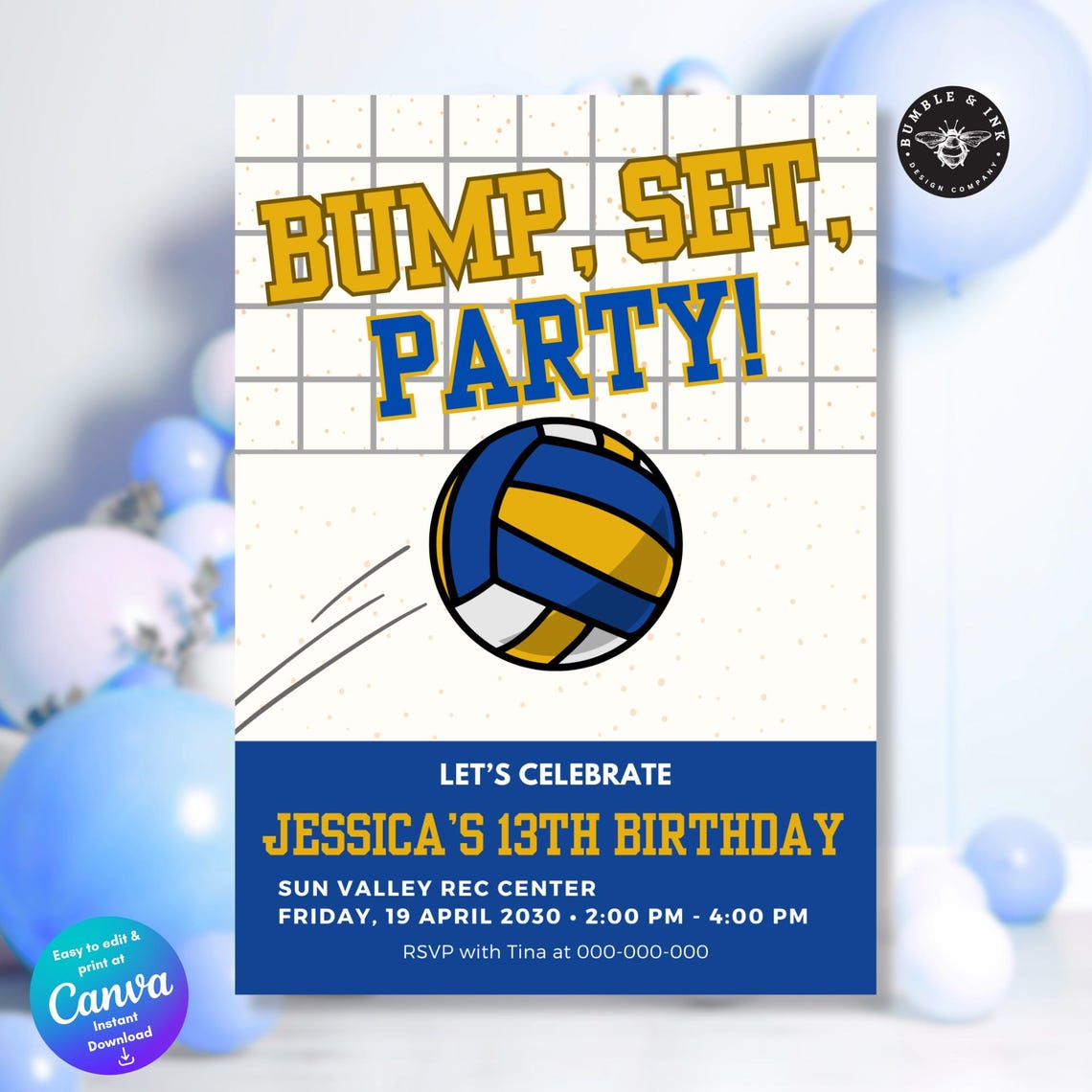 Beach Volleyball Party Invitation Template - Editable Indoor Outdoor ...