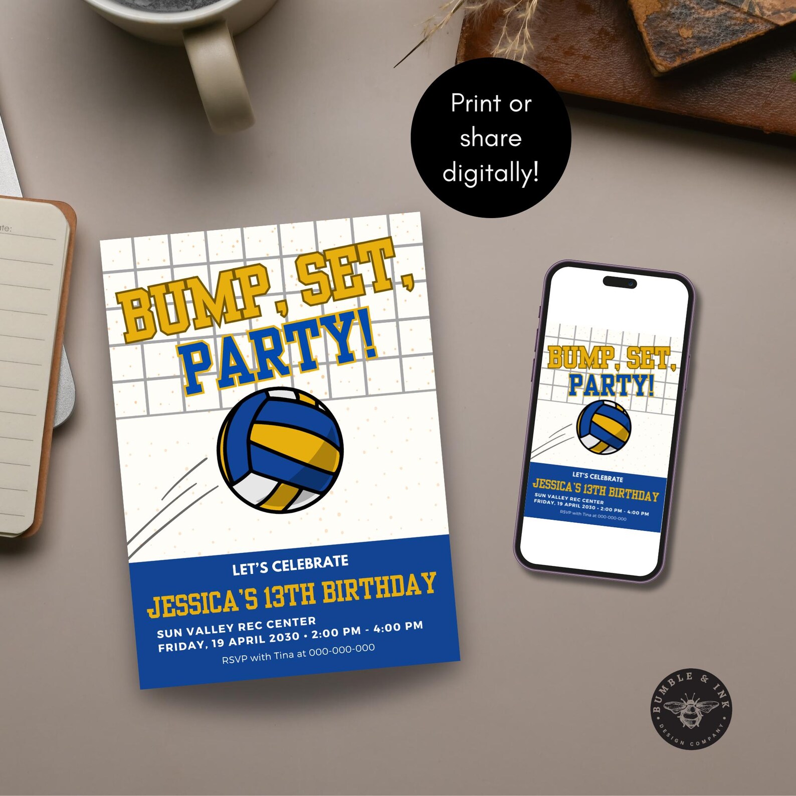 Beach Volleyball Party Invitation Template - Editable Indoor Outdoor ...