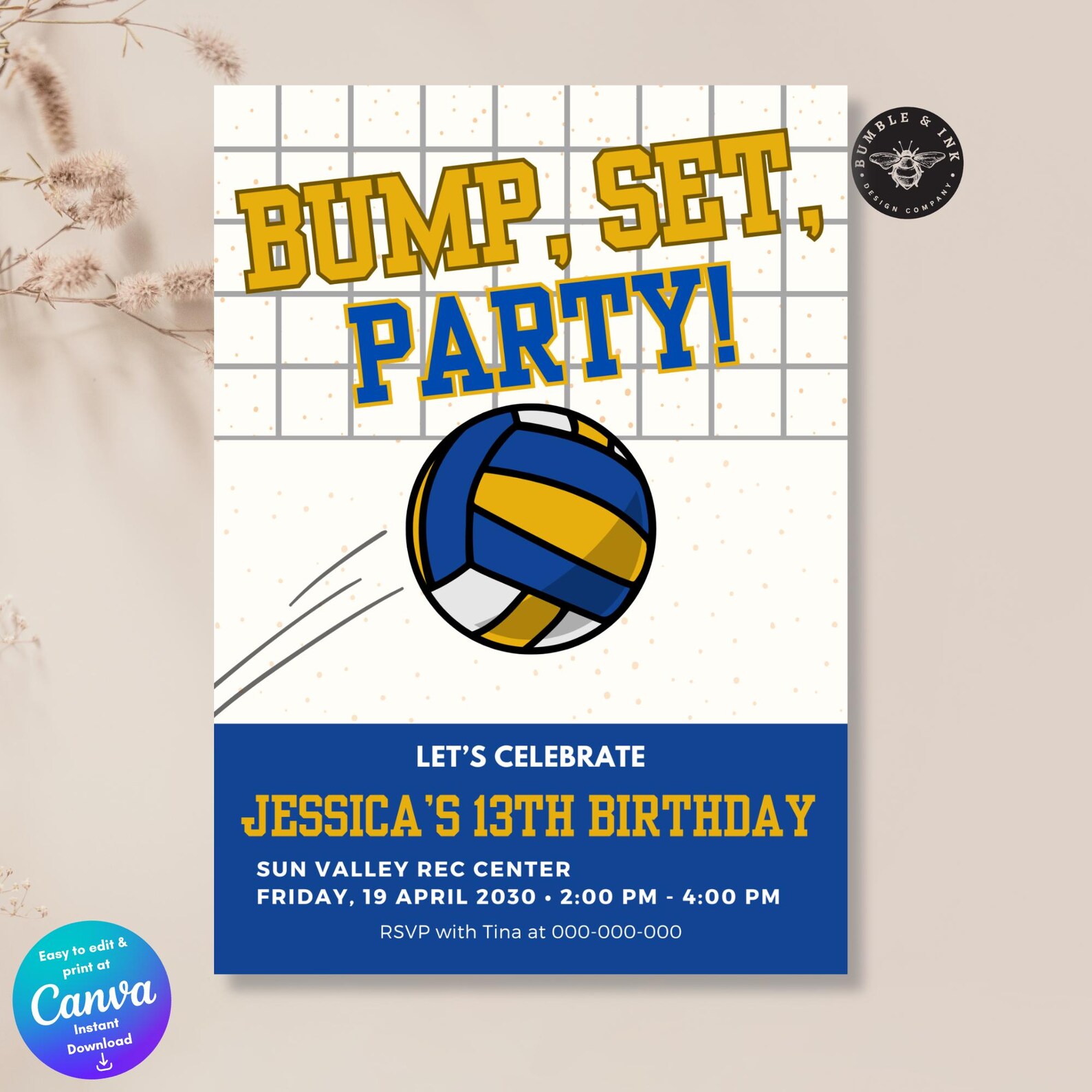 Beach Volleyball Party Invitation Template - Editable Indoor Outdoor ...