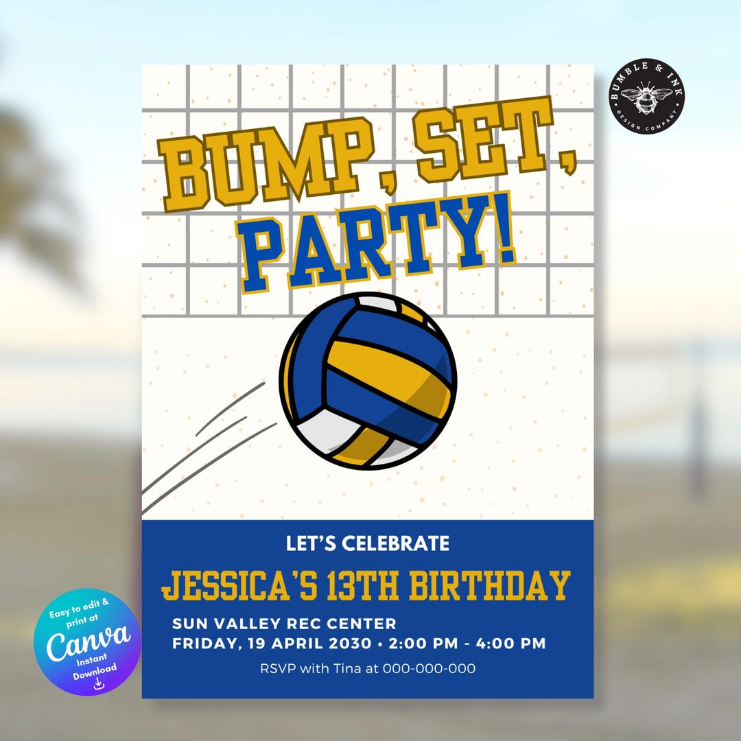 Beach Volleyball Party Invitation Template - Editable Indoor Outdoor ...